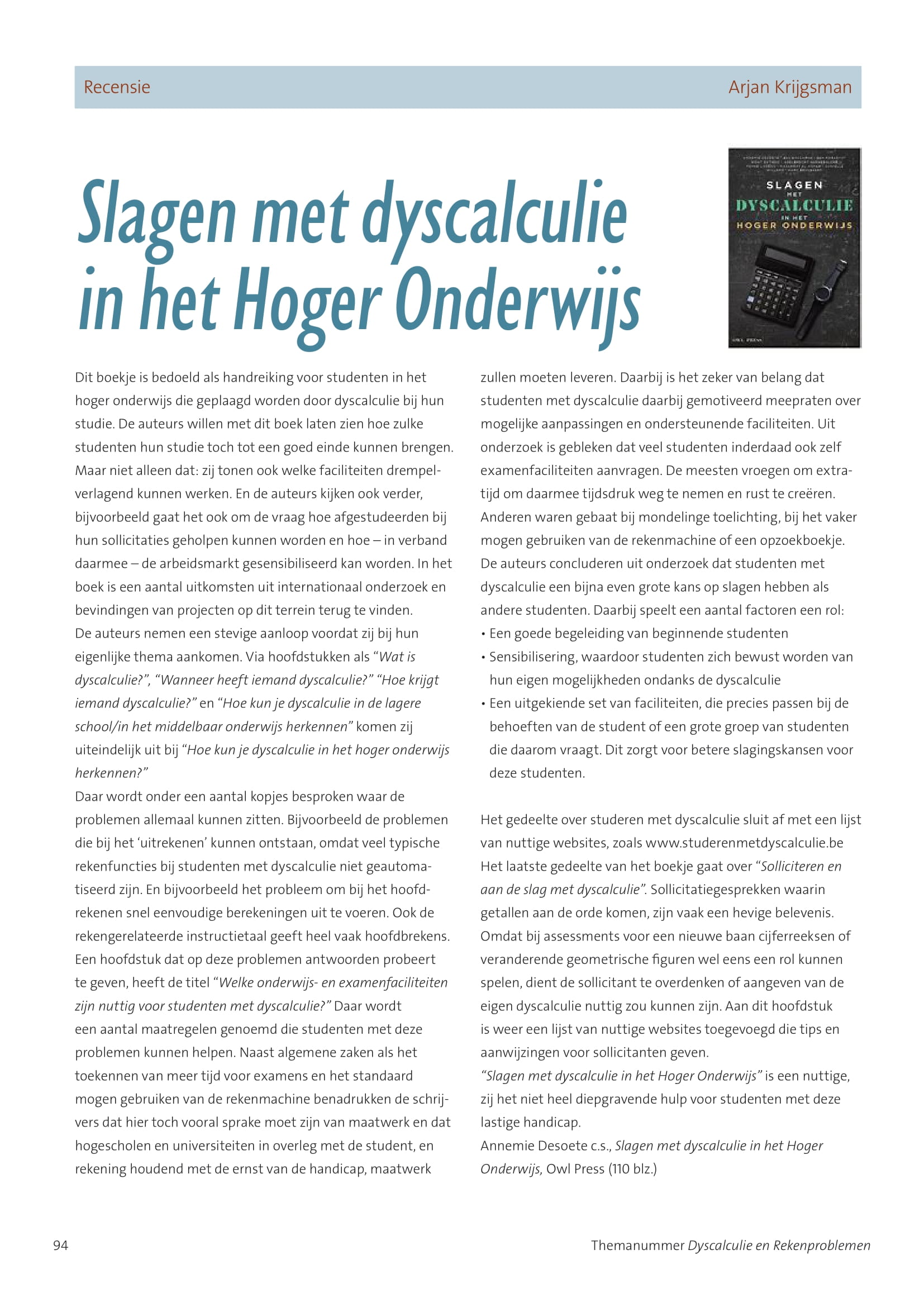 Recensie: Slagen met dyscalculie in het Hoger Onderwijs - Remediaal ...